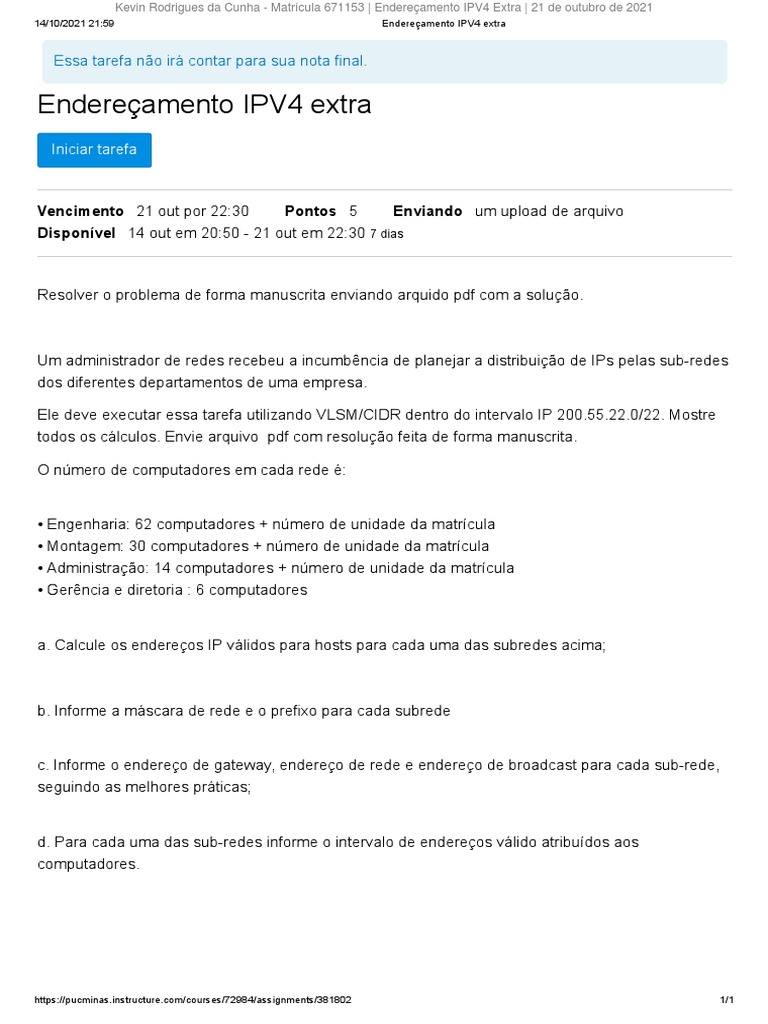 Kevin Cunha - Redes e Multisserviços - Endereçamento IPV4 Extra | PDF ...