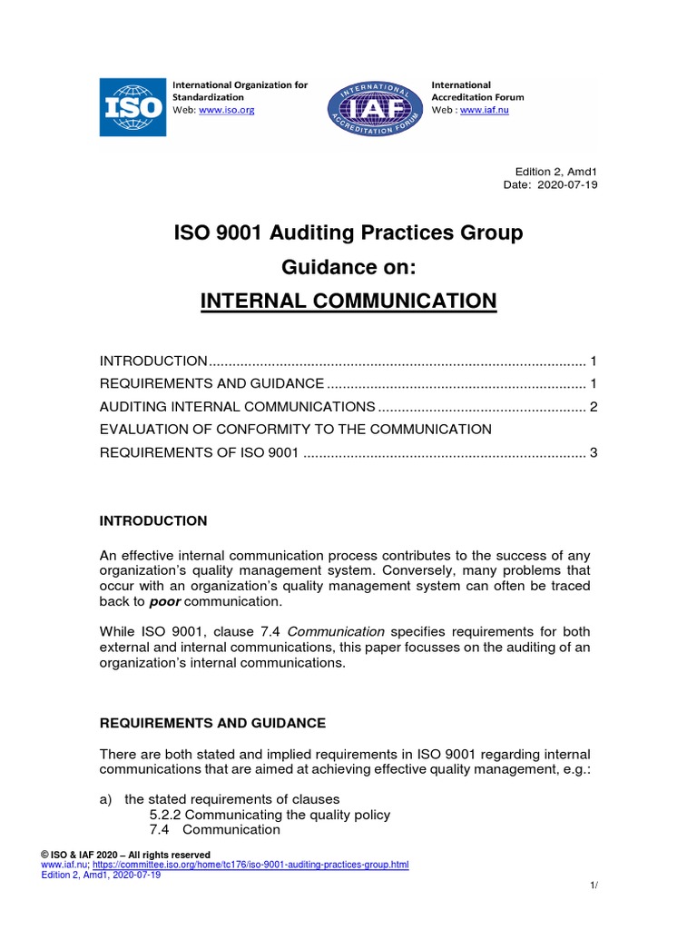 ISO 9001 Auditing Practices Group Guidance On: Internal Communication ...