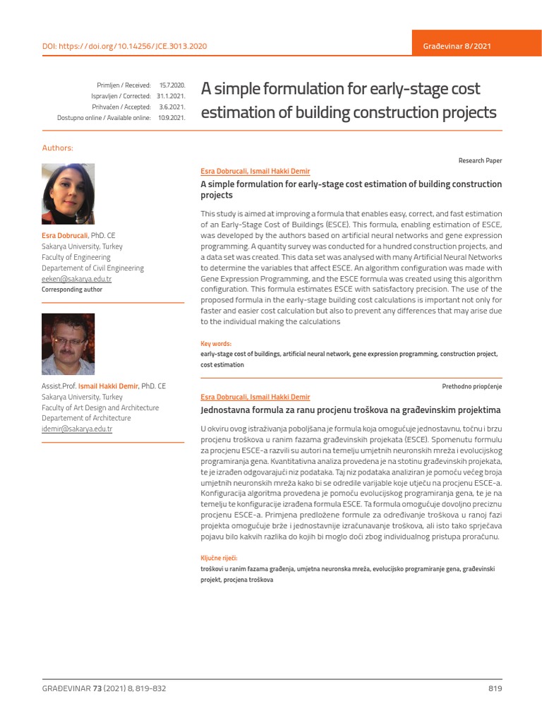 A Simple Formulation For Early-Stage Cost Estimation of Building ...