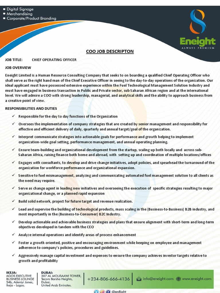Coo Job Description | PDF | Leadership | Chief Operating Officer