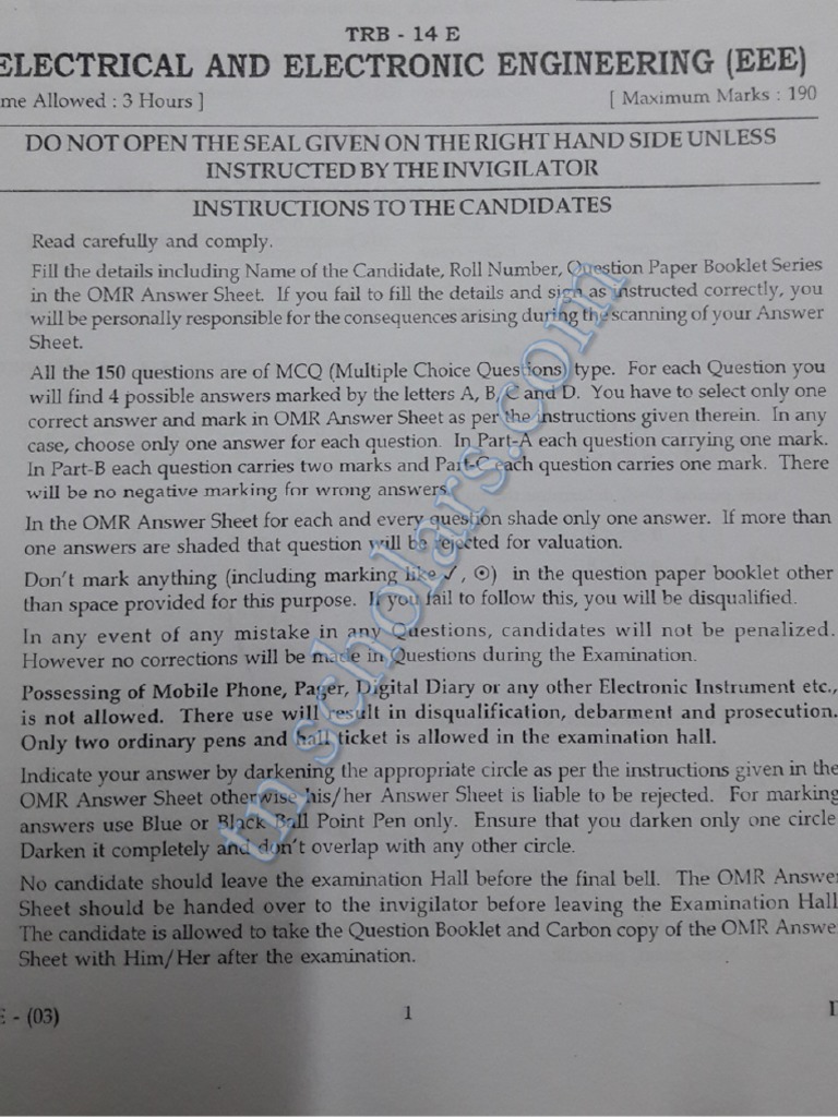 14E03 TRB Question Paper EEE 2016 | PDF