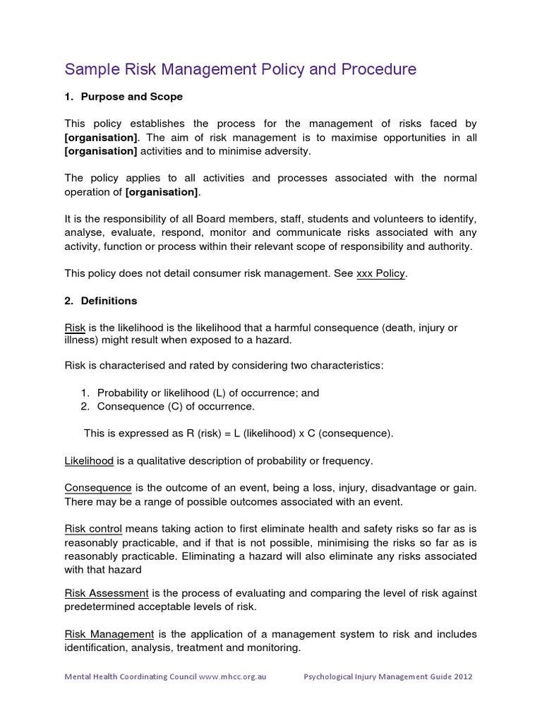 Sample Risk MGT Policy and Procedure | PDF | Occupational Safety And ...