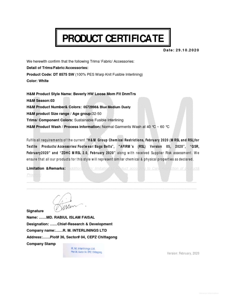 Product Certificate: (Additional Info/ Limitation of Product According ...