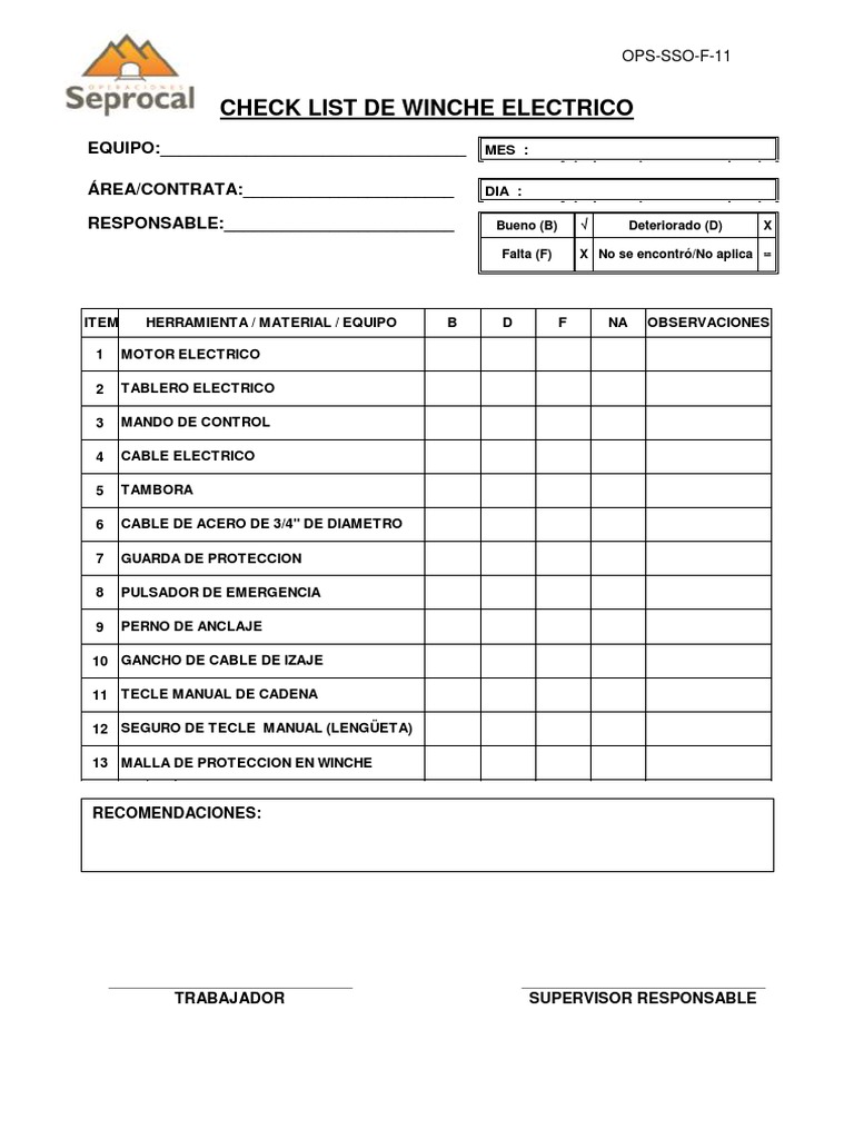 Check List de Winche Electrico | PDF