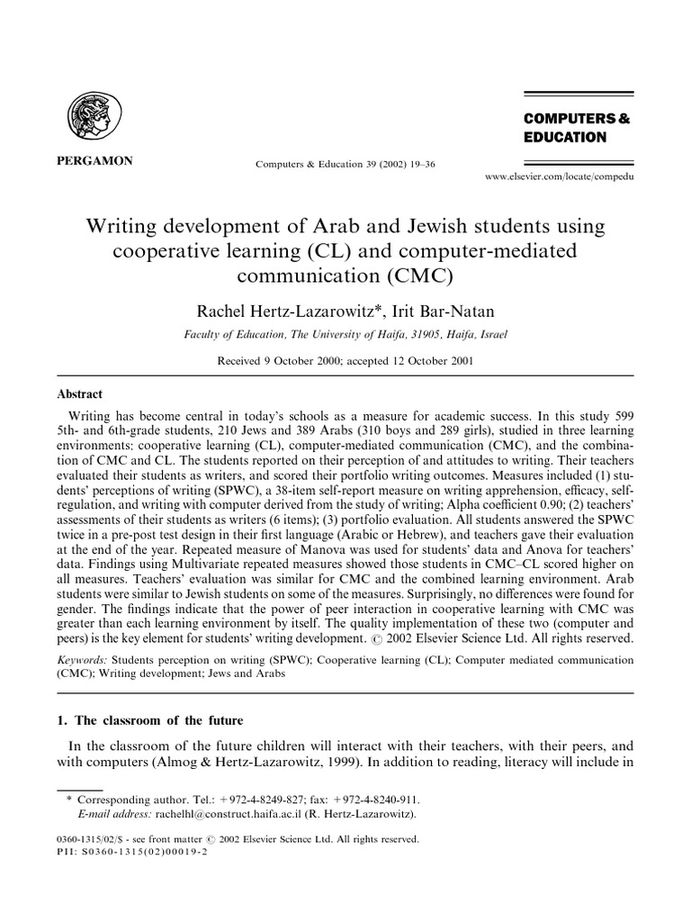 Writing Development of Arab and Jewish Students Using Cooperative Learning (CL) and Computer ...