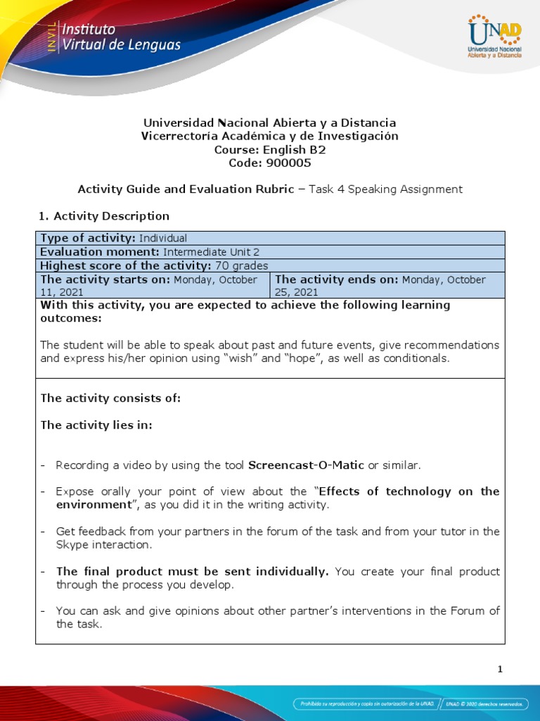 Activity Guide and Evaluation Rubric - Unit 2 - Task 4 - Speaking ...