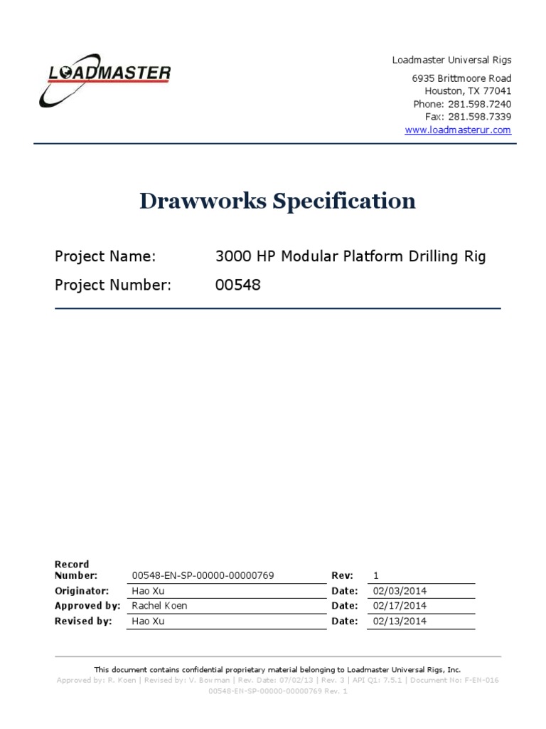 Drawworks Specification: Project Name: 3000 HP Modular Platform ...