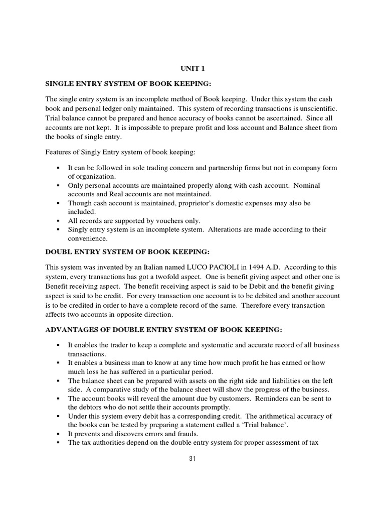 Unit 1 Single Entry System of Book Keeping | PDF | Debits And Credits | Bookkeeping
