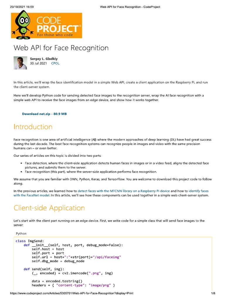 Web API For Face Recognition | PDF