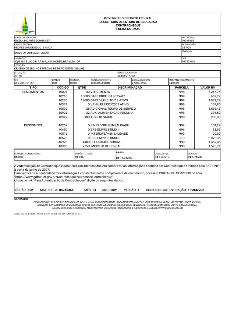 Contracheque Professor GDF - Abril 2021 | PDF