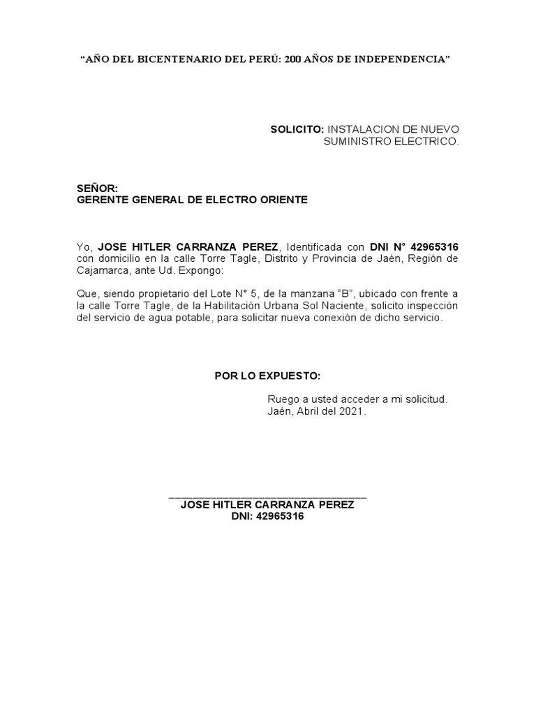 Solicitud Nueva Conexion de Luz | PDF