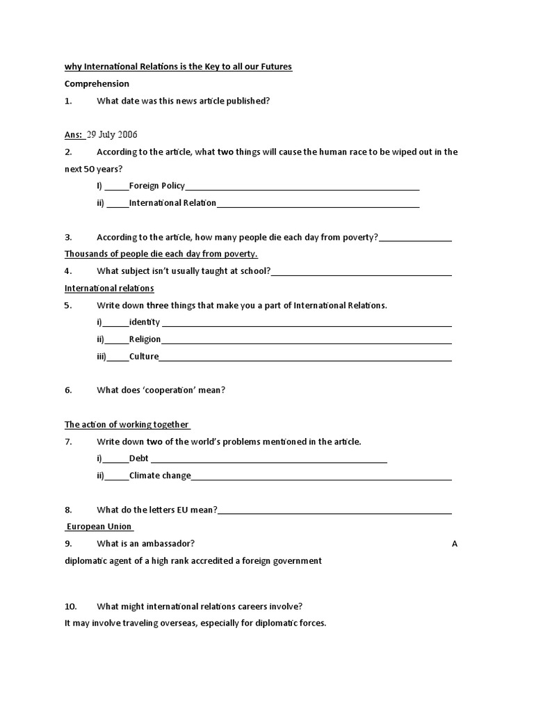 Week 1 Worksheet Comprehension Activity Why International Relations Is ...