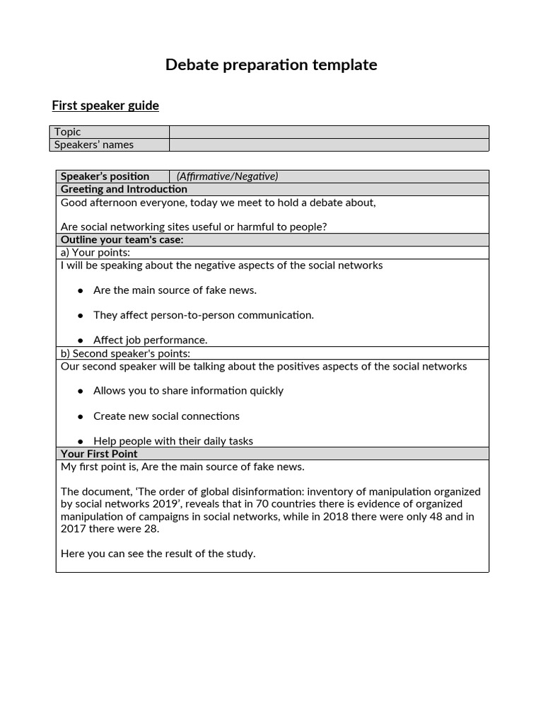 Debate Preparation Template: First Speaker Guide | PDF | Popular ...