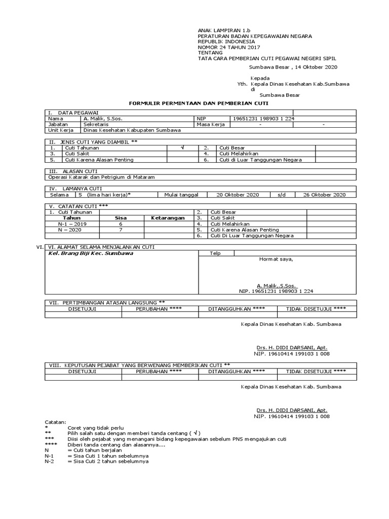 Contoh Form. Permintaan Dan Pemberian Cuti PNS Baru | PDF