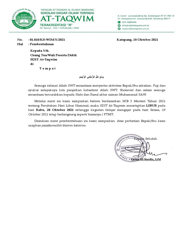 Surat Pemberitahuan LIBUR | PDF