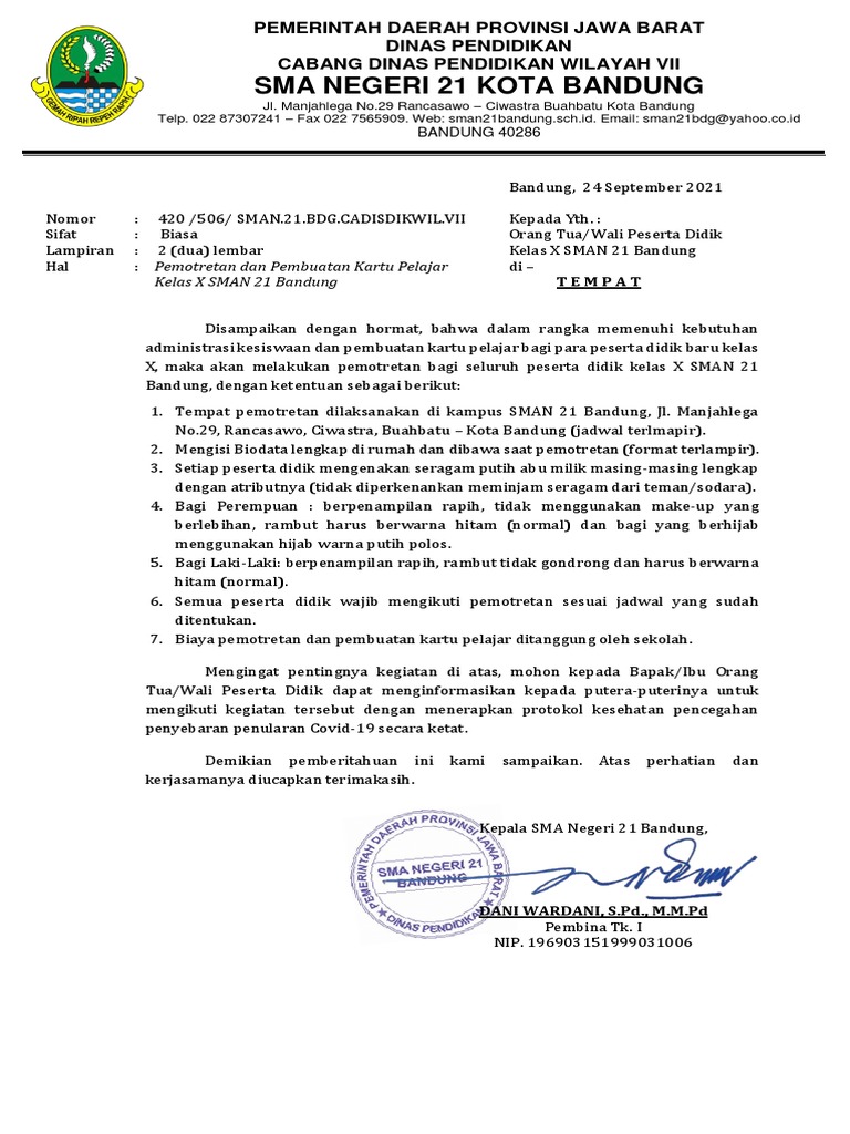 Surat Pemotretan Kelas X-Sman 21 BDG | PDF