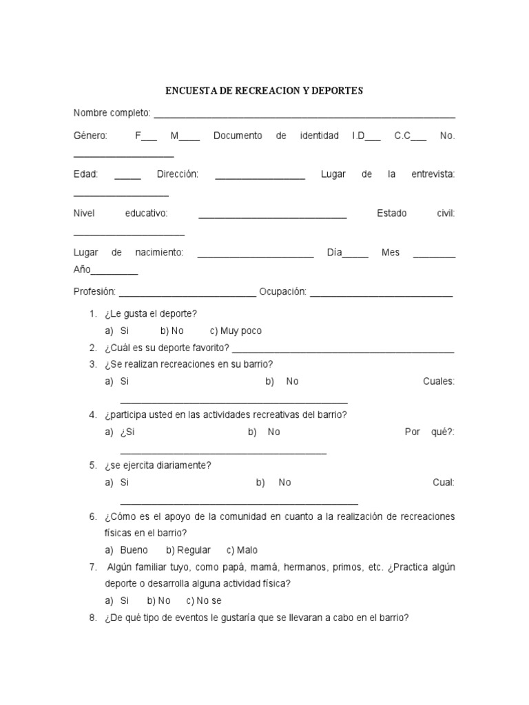 Encuesta de Recreacion y Deportes | PDF