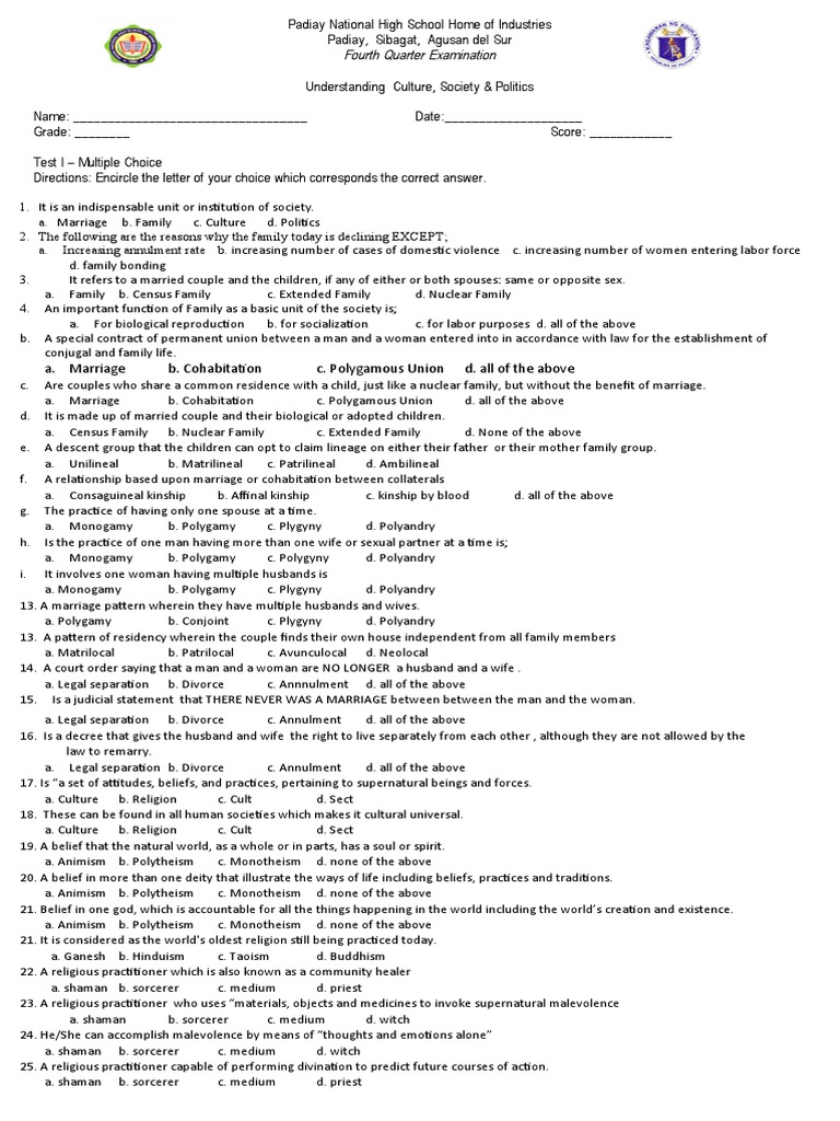 4th Quarter Exam UCSP | PDF | Family | Marriage