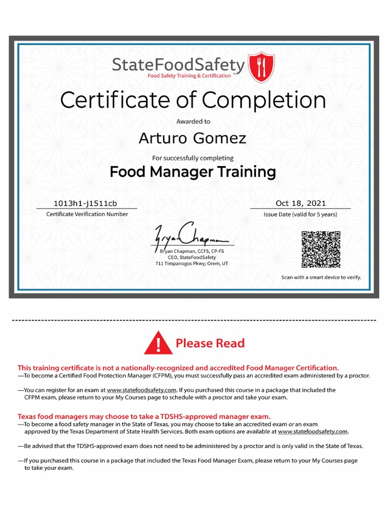 Food Safety Manager Training Certificate | PDF