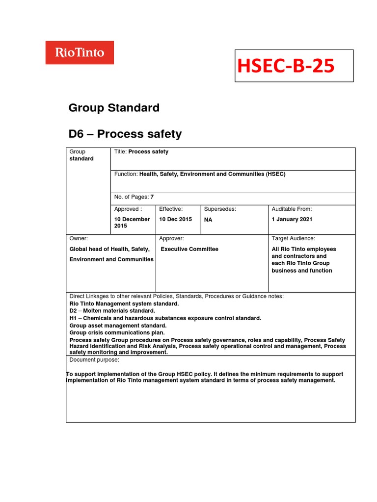 RT Process Safety Standard | PDF | Safety | Risk