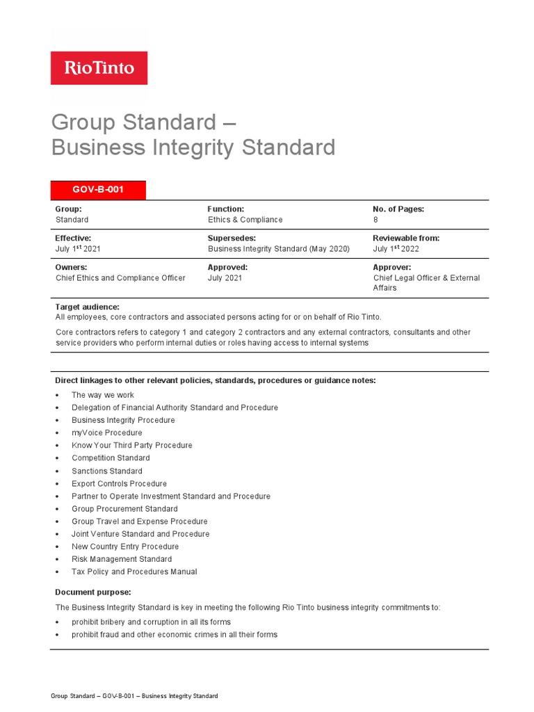 RT Business Integrity Standard en | PDF | Conflict Of Interest | Integrity
