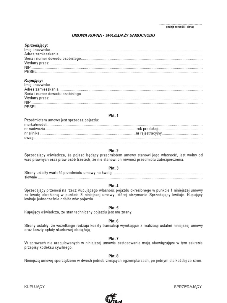 Umowa Kupna Sprzedazy Samochodu | PDF
