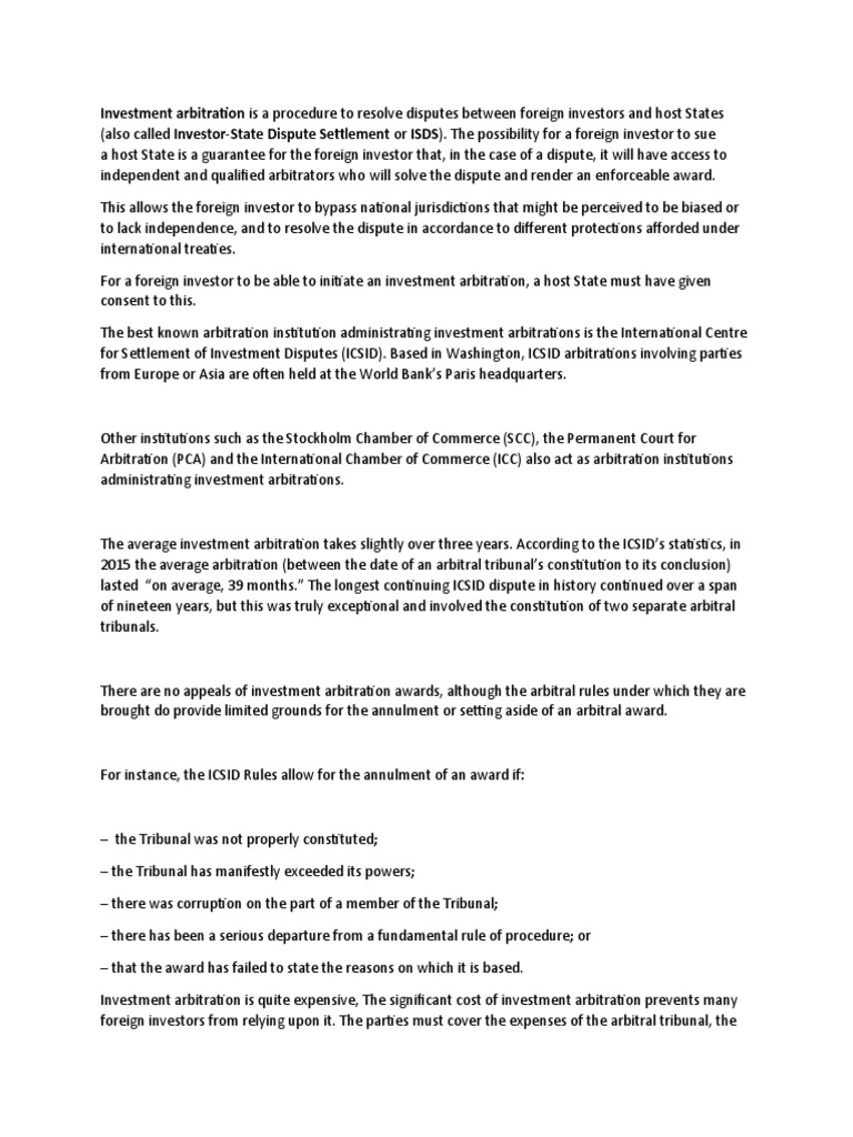 Investment Arbitration Is A Procedure To Resolve Disputes Between ...
