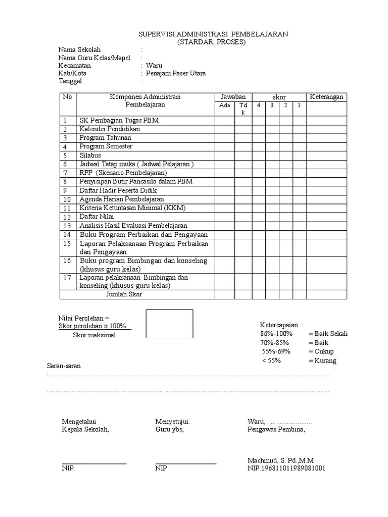 Instrumen SUPERVISI ADMINISTRASI PBM | PDF
