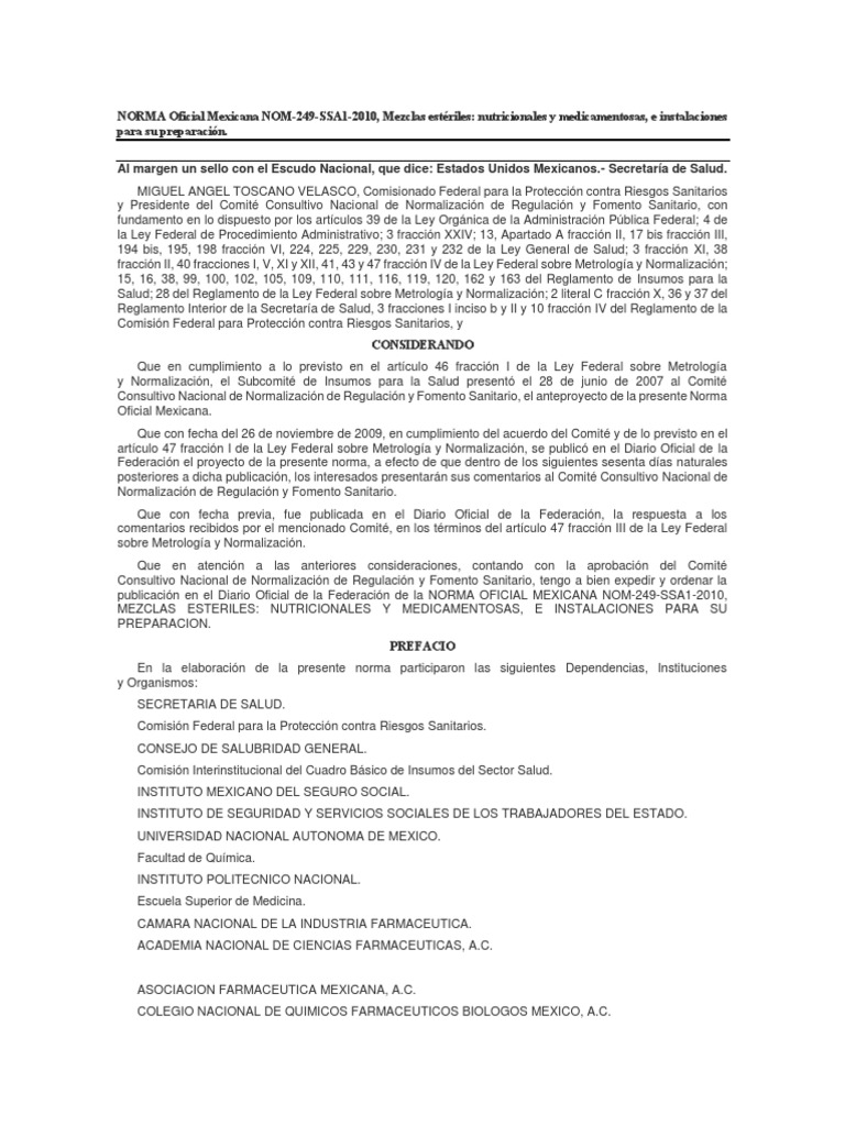 NOM-249-SSA1-2010, Mezclas Estériles | PDF | Farmacia | Medicamentos con receta