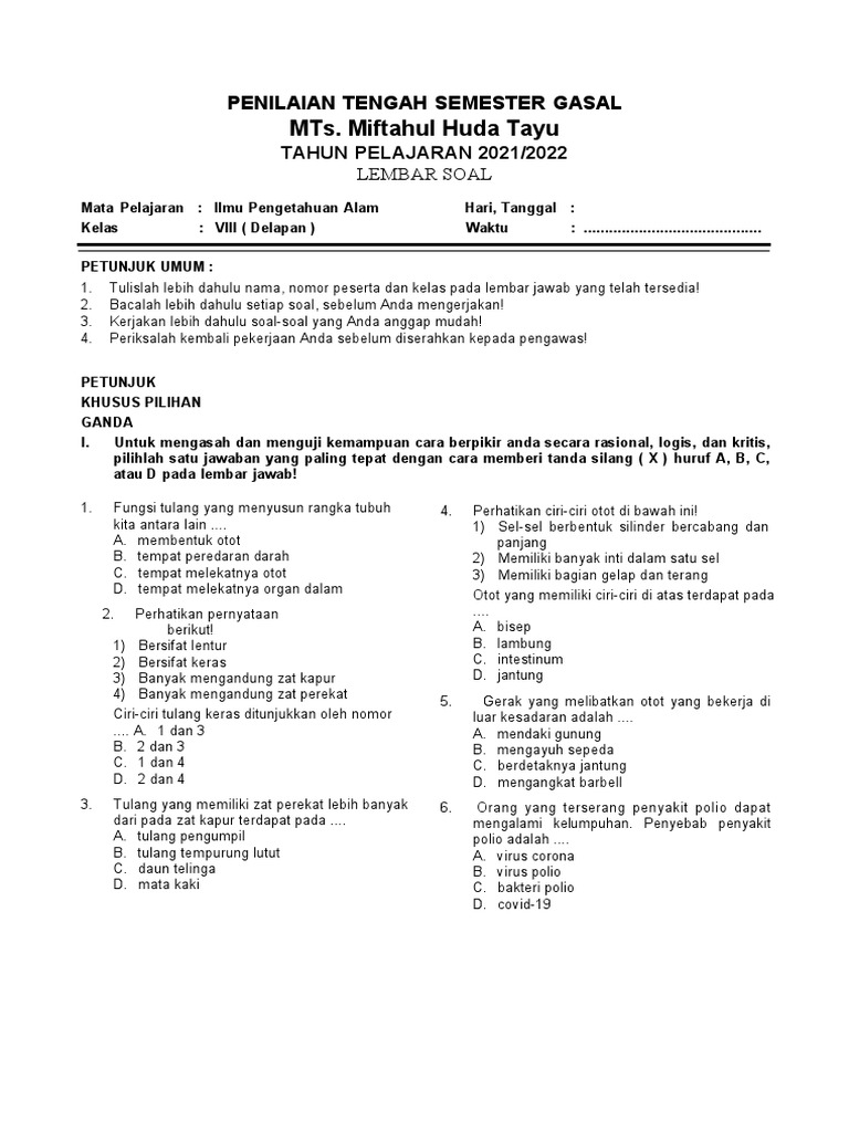 Soal Dan Jawaban PTS GSL 8 - IPA | PDF