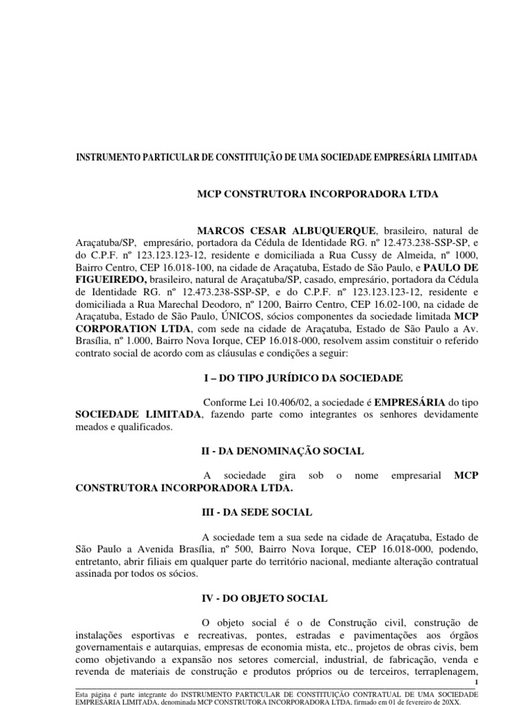 1 Contrato Social | PDF | São Paulo | Estatuto