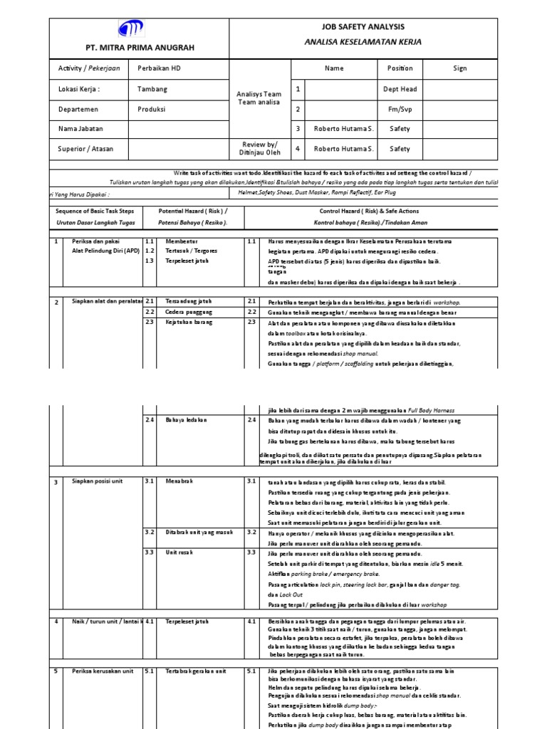 Contoh JSA untuk Dump Truck Pertambangan | PDF