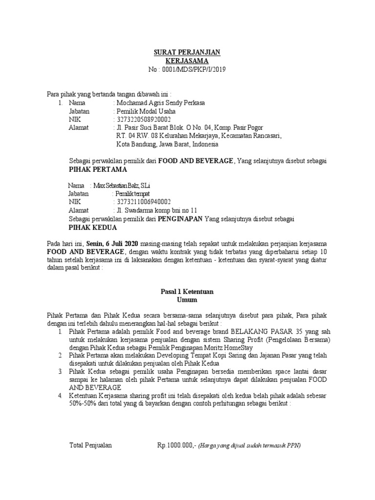 Surat Perjanjian Kerjasama Draft Pdf