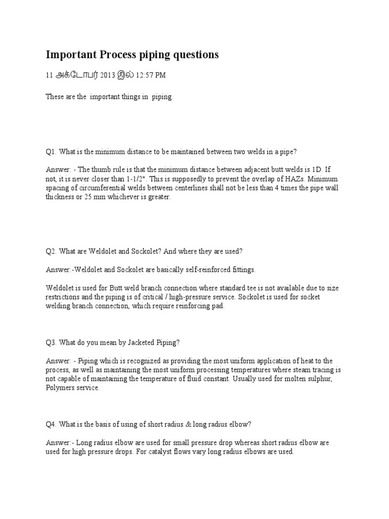 Important Process Piping Questions | PDF | Pipe (Fluid Conveyance ...