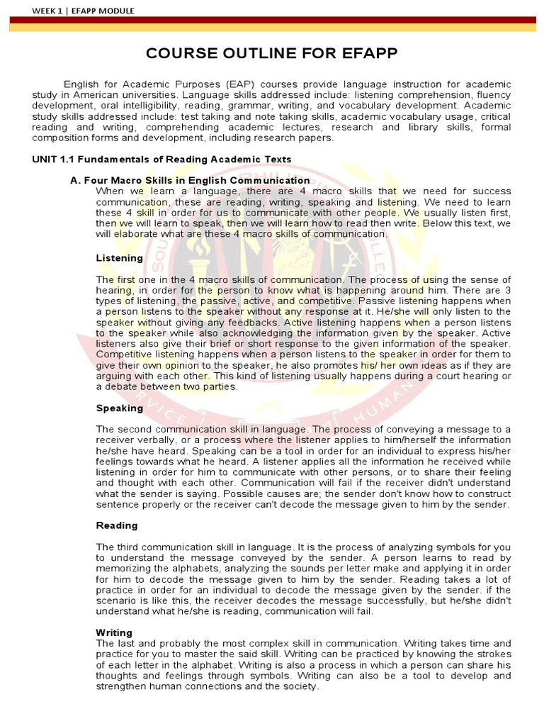 Course Outline For Efapp: UNIT 1.1 Fundamentals of Reading Academic ...