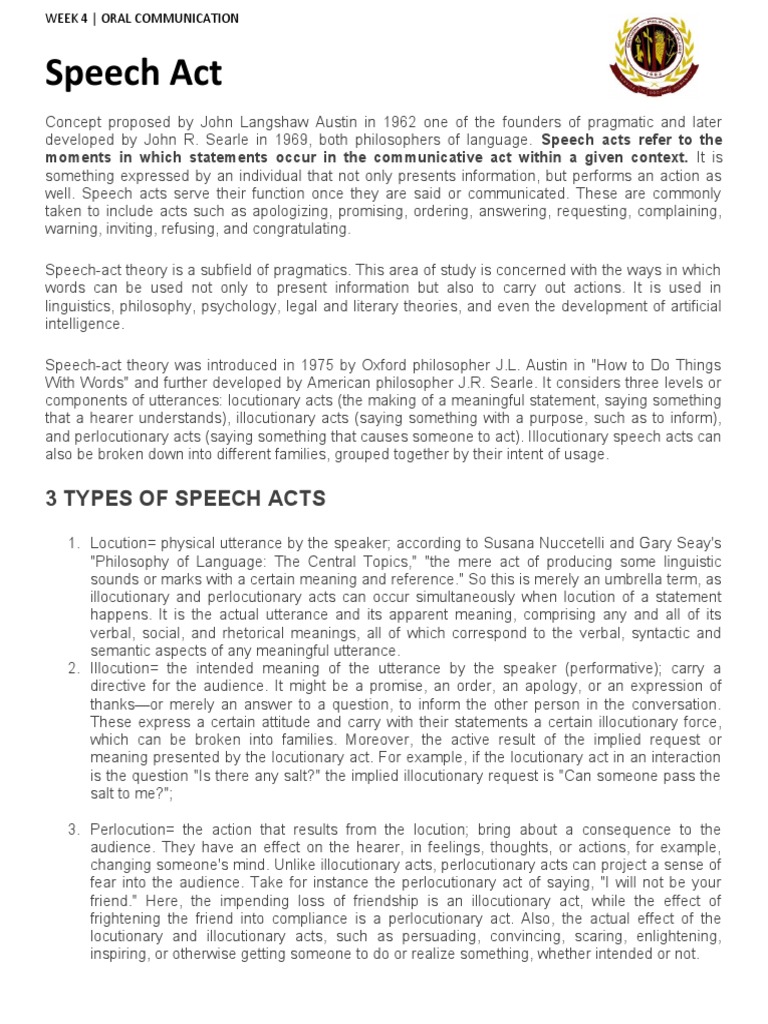 Speech Act: 3 Types of Speech Acts | PDF | Communication | Semiotics