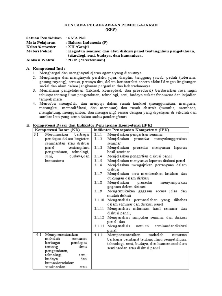RPP Bahasa Indonesia Peminatan Kelas 12 SMA | PDF
