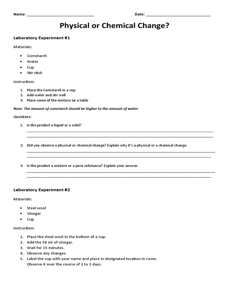 Physical and Chemical Change Lab | PDF | Chemical Substances | Experiment