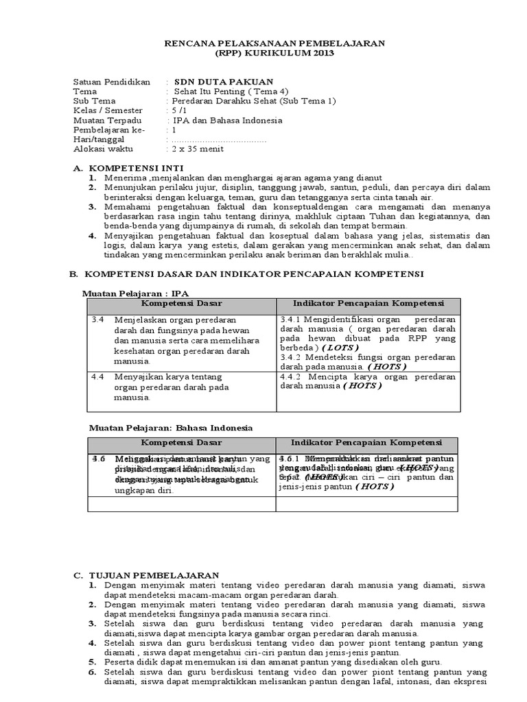 RPP Kelas 5 Tema 4 Subtema 1 PB 1 PPL 1 Daring | PDF | Kajian Bahasa Asing
