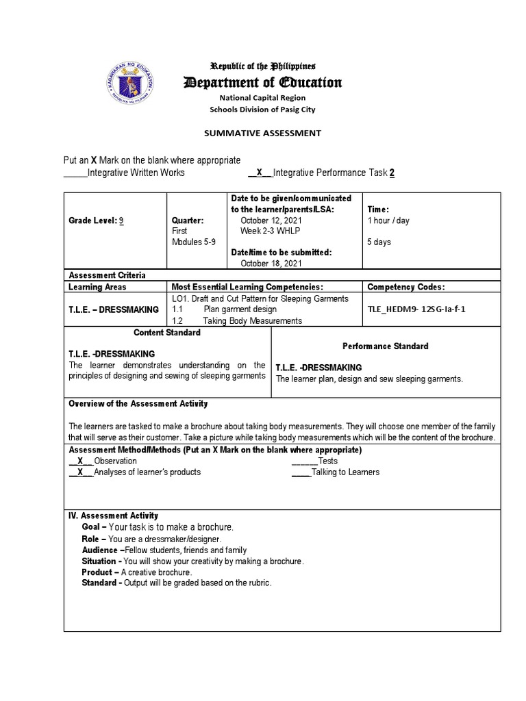 G9 Q1 TLE Dressmaking PT2 | PDF | Rubric (Academic) | Learning