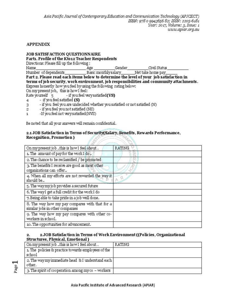 Job Satisfaction Questionnaire for Teachers | PDF | Job Satisfaction ...