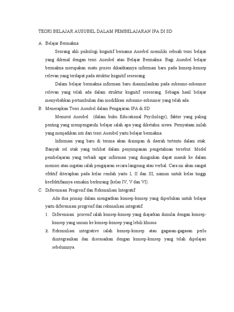 Teori Belajar Ausubel Dalam Pembelajaran Ipa Di SD | PDF