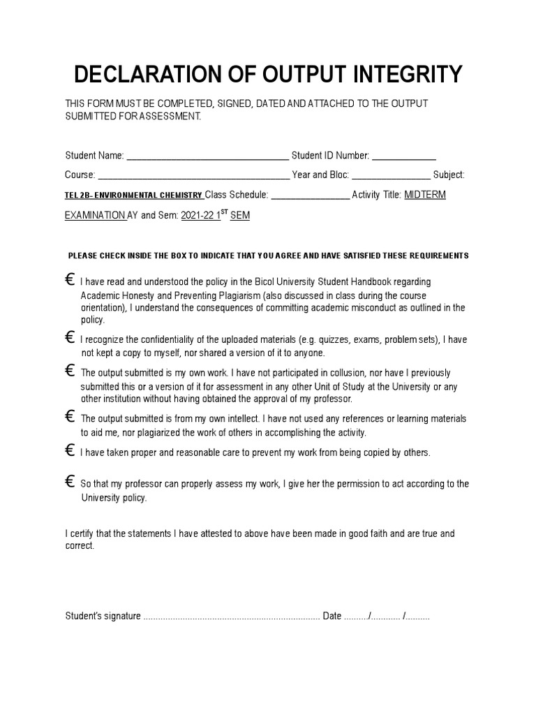 Output Integrity Declaration Form | PDF