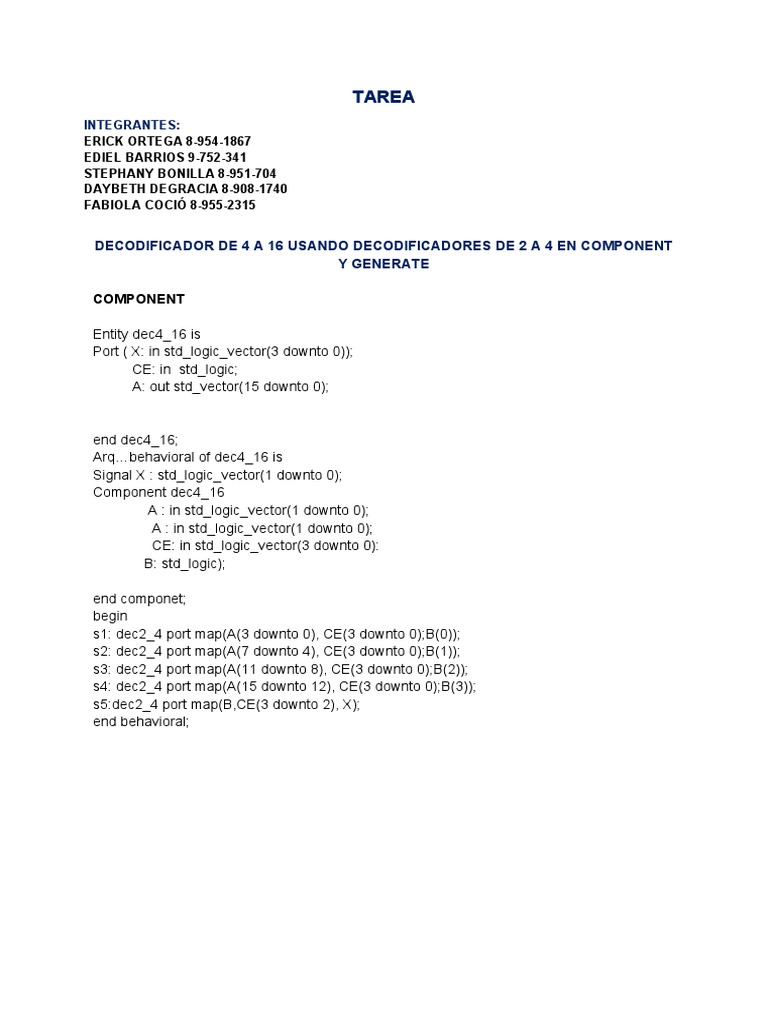 Tarea: Decodificador de 4 A 16 Usando Decodificadores de 2 A 4 en ...