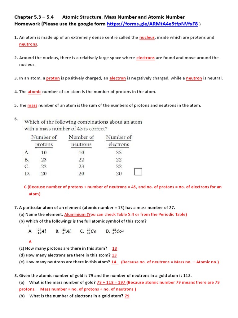 Chapter 5.3 - 5.4 Atomic Structure Homework (Do It in Google Form ...