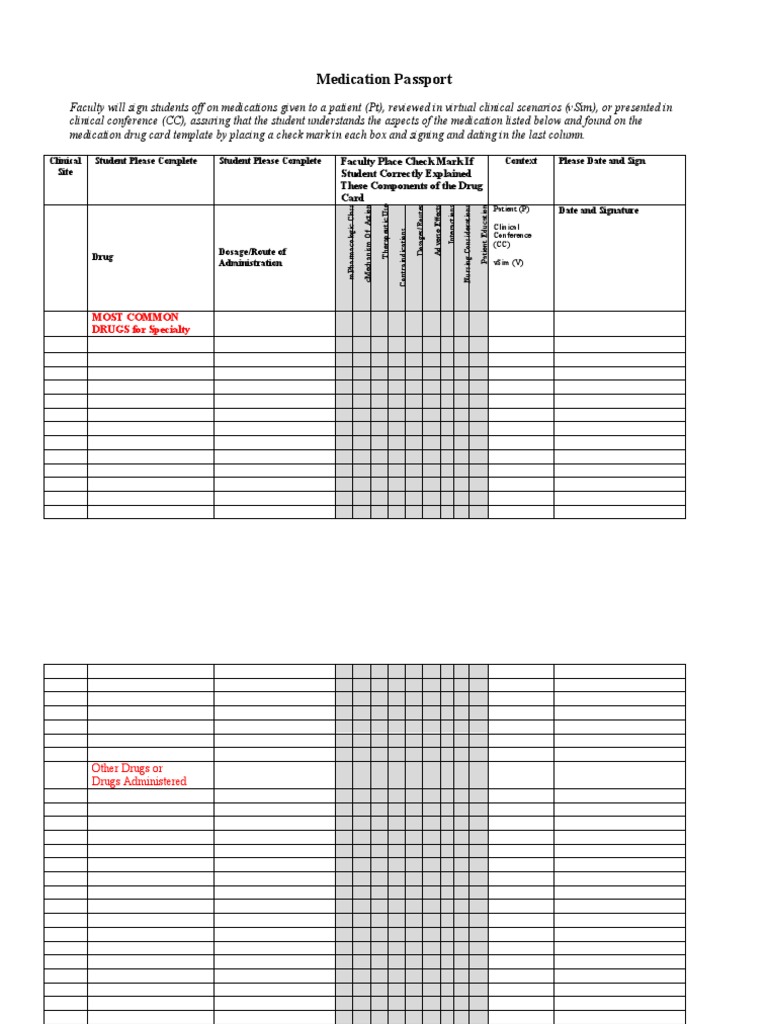 Medication Passport: Clinical Site Student Please Complete Student ...