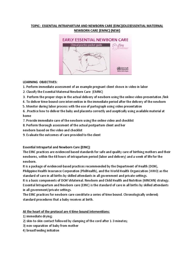 Topic: Essential Intrapartum and Newborn Care (Einc) (Old) Essential ...