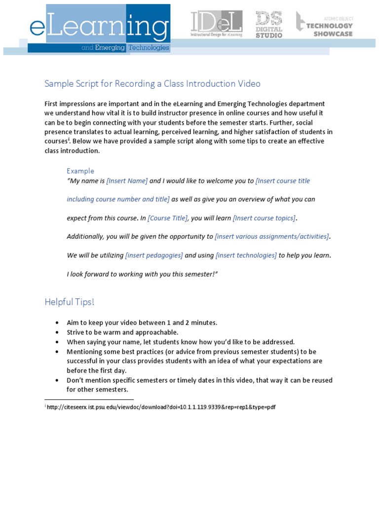 Sample Script For Recording A Class Introduction Video: Example | PDF ...