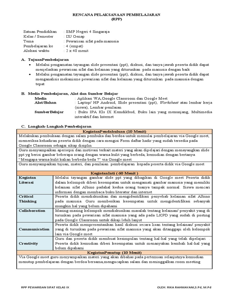 RPP Pewarisan Sifat Kelas Ix Rika | PDF