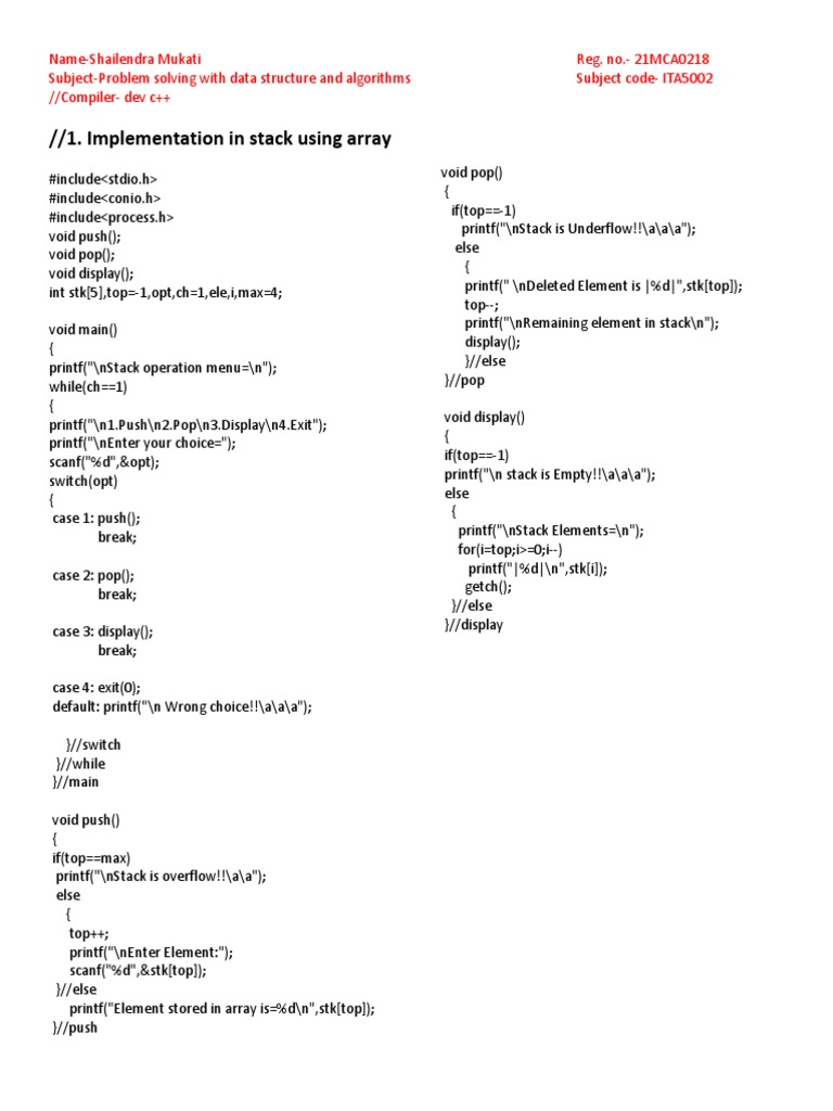 Implementation in Stack Using Array | PDF | Arithmetic | C++